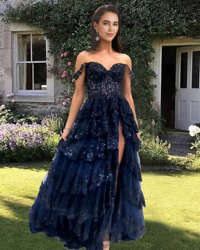 Navy Blue Lace Prom Dress High Slit – alinanova