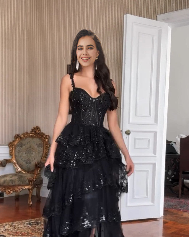 Long Black Lace Prom Dress Tiered Skirt – alinanova
