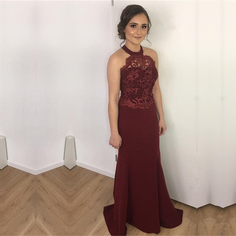 Elegant Lace Halter Long Mermaid Prom Dresses Burgundy Evening Gowns ...
