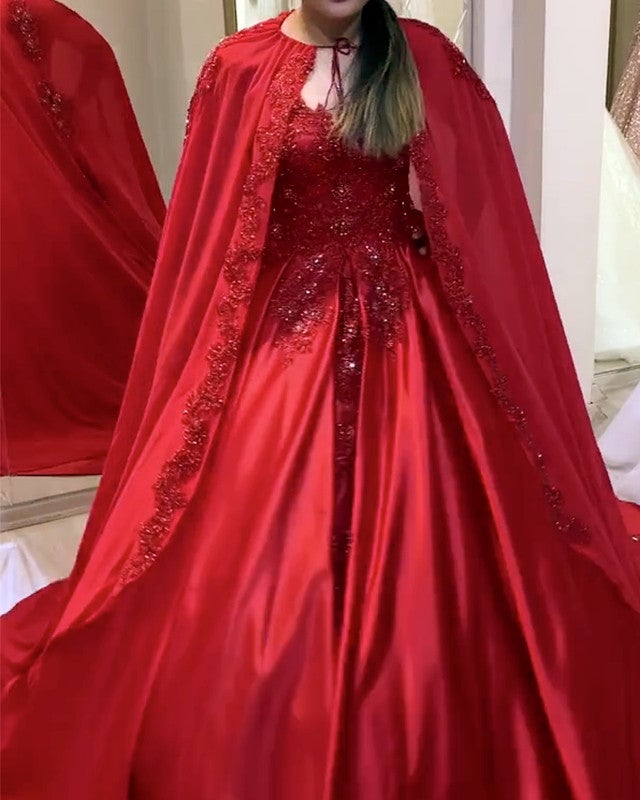 Red Satin Wedding Dress With Cape Train – alinanova