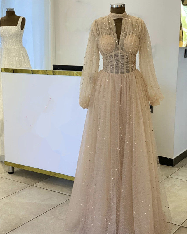 High Neck Long Sleeves Tulle Dresses With Pearl Beaded – alinanova