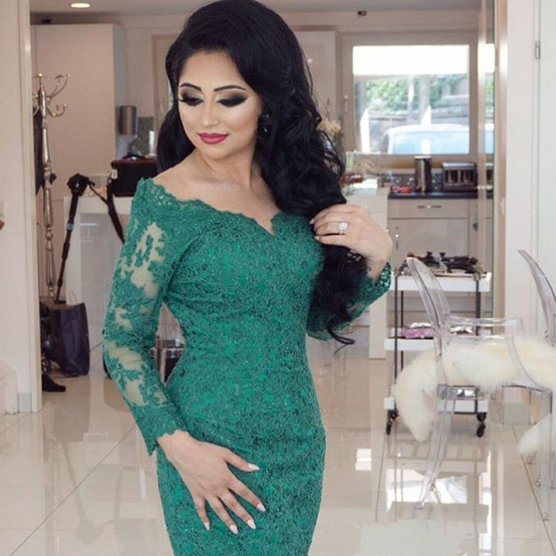 Elegant Long Sleeves V-neck Lace Mermaid Prom Dresses – alinanova