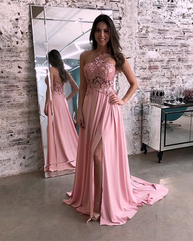 Lace Halter Long Chiffon Prom Dresses Leg Split – alinanova