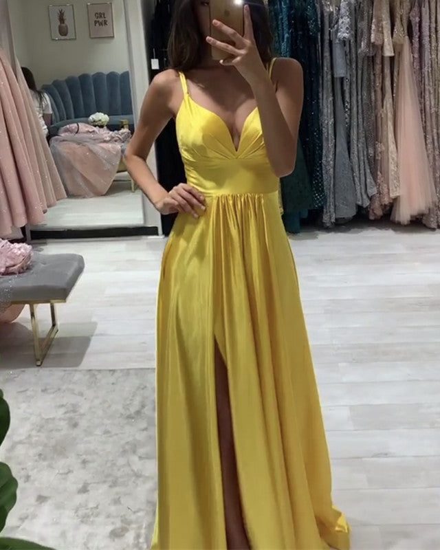 Spaghetti Straps V Neck Prom Dresses Satin Leg Slit – alinanova