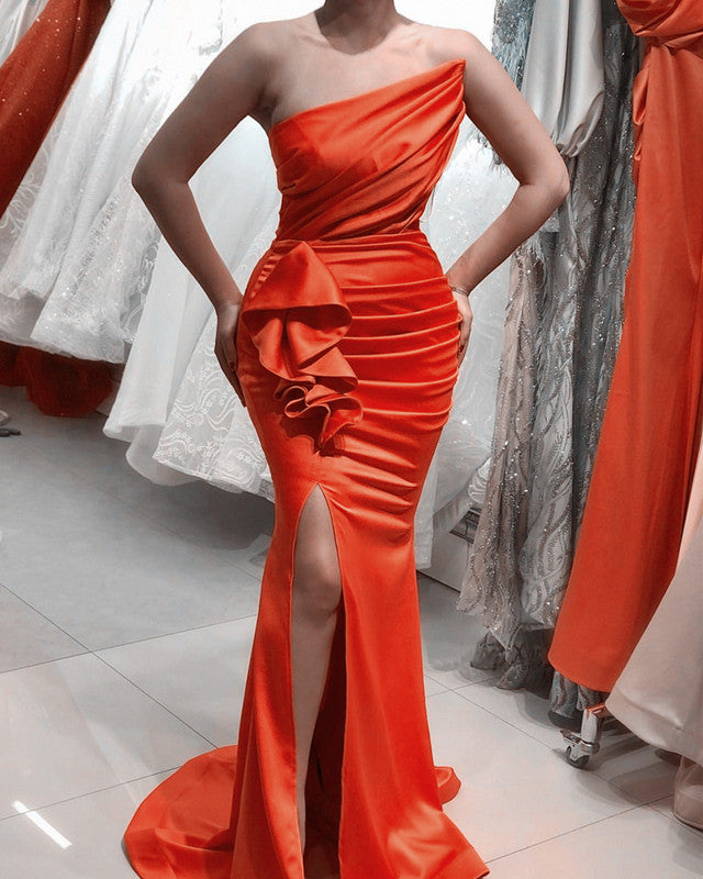 Sexy Mermaid Prom Dresses Satin Strapless Split – alinanova