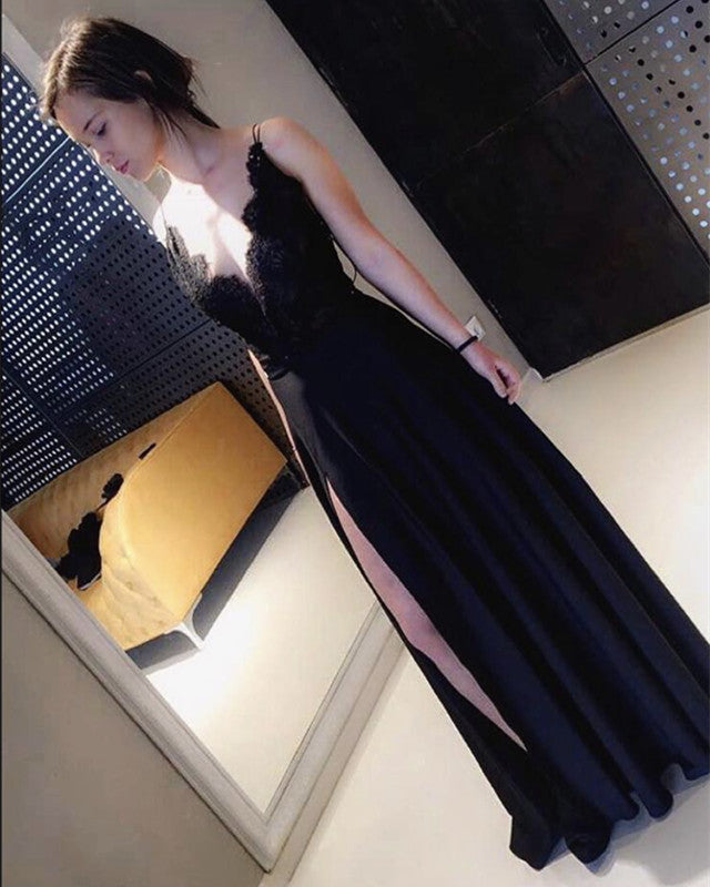 Long Chiffon Split Dresses Lace V Neck – alinanova