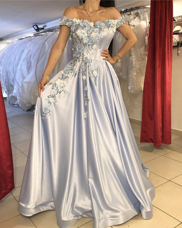 Off The Shoulder Satin Prom Dresses 3D Lace Flowers Beaded – alinanova