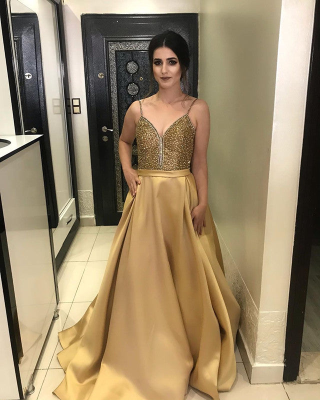 Spaghetti Straps Prom Dresses Satin Pearl Beaded – alinanova